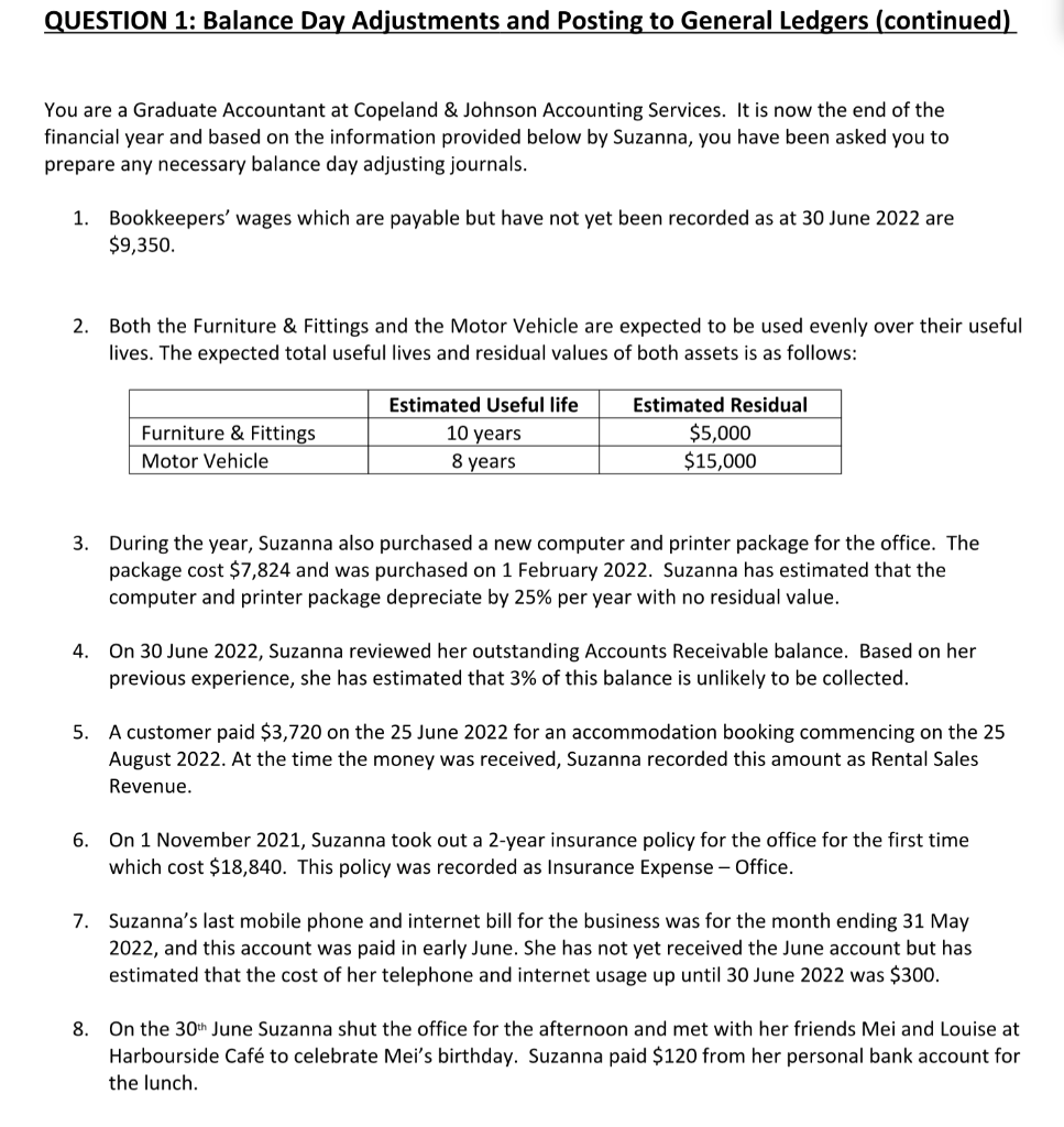 QUESTION 1: Balance Day Adjustments and Posting to | Chegg.com