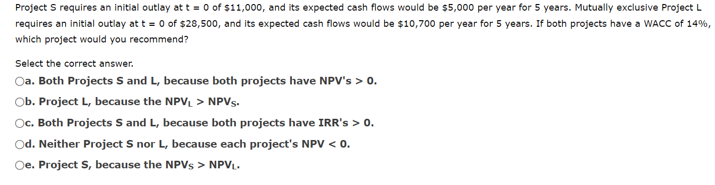 Solved Project S requires an initial outlay at t = 0 of | Chegg.com