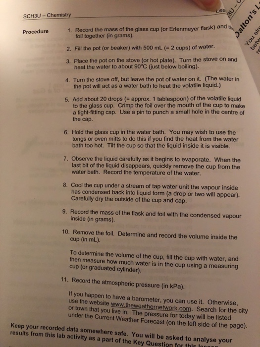 Solved Chemistry lab on MOlar mass of a gas and the | Chegg.com