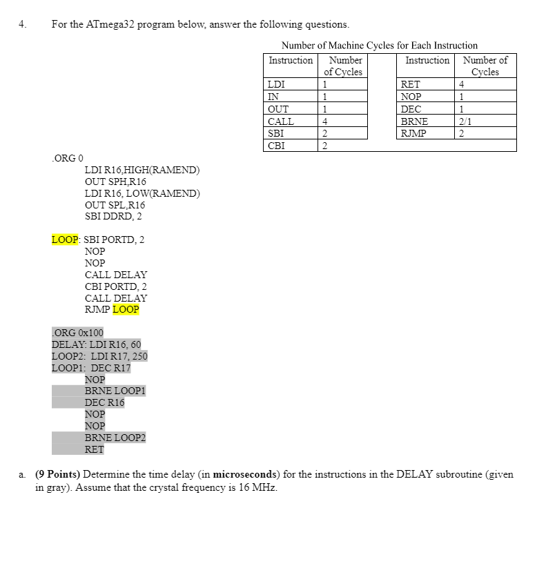 Solved 4 For The Atmega32 Program Below Answer The 