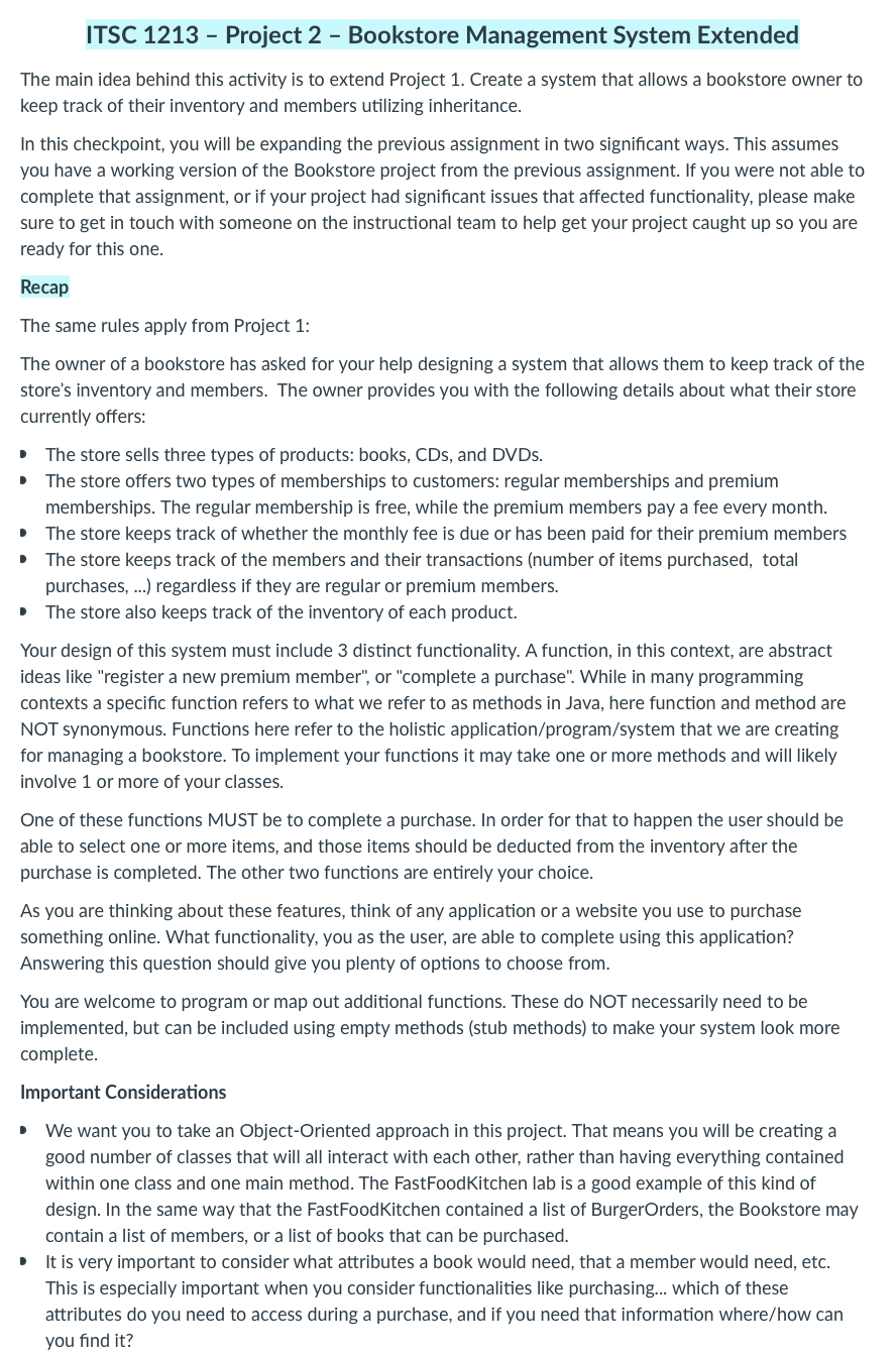 ITSC 1213 - Project 2 - Bookstore Management System | Chegg.com