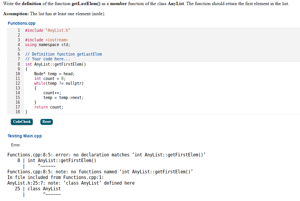 Solved Write the definition of the function getLastElem0 as | Chegg.com
