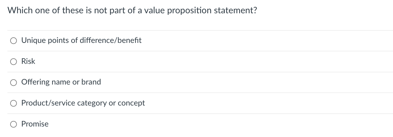 Solved Which one of these is not part of a value proposition | Chegg.com