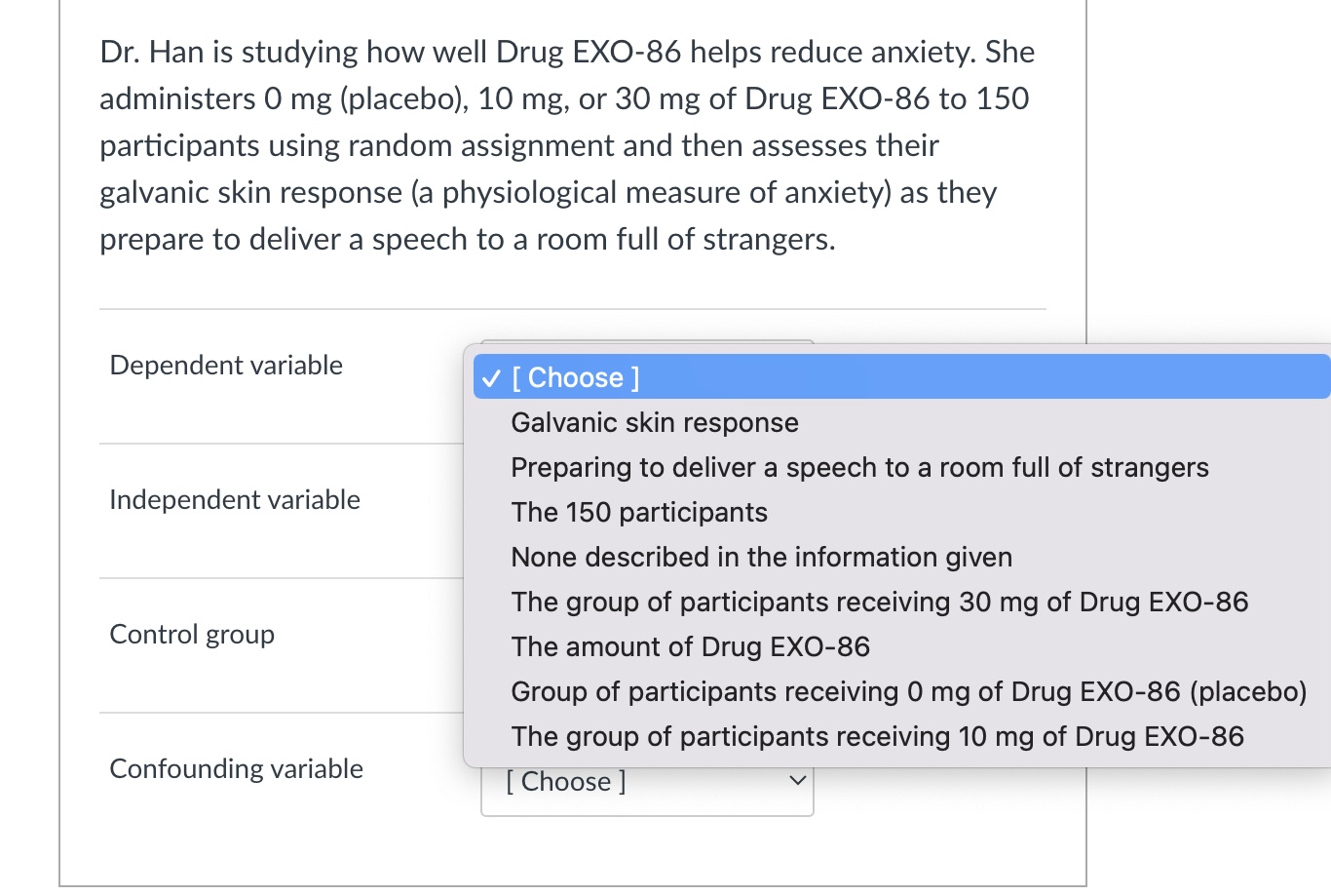 Solved Dr. ﻿Han is studying how well Drug EXO-86 ﻿helps | Chegg.com