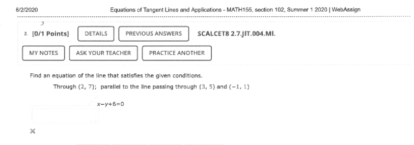 Solved 6/2/2020 Equations of Tangent Lines and Applications | Chegg.com