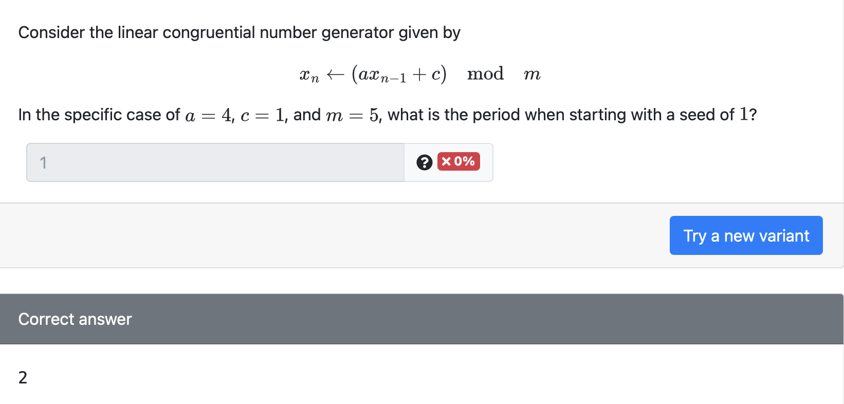 Solved Consider the linear congruential number generator | Chegg.com