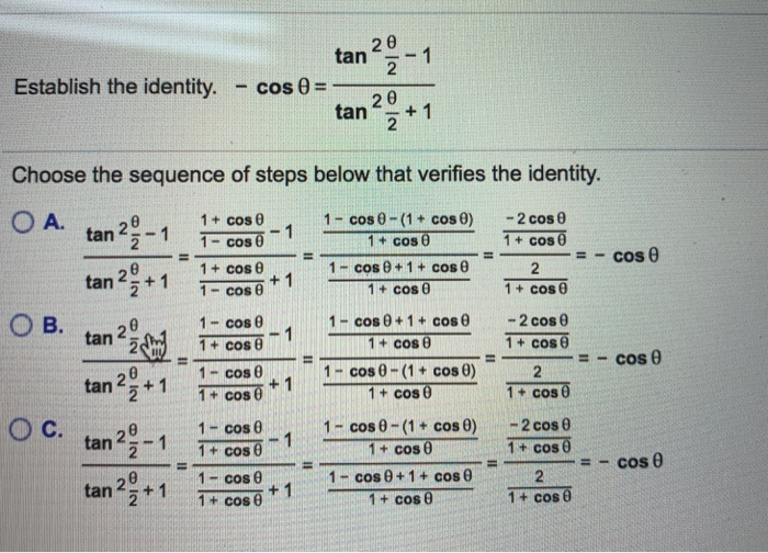 Solved tan 2-1 2 Establish the identity. -cos θ = 2 tan--+ 1 | Chegg.com
