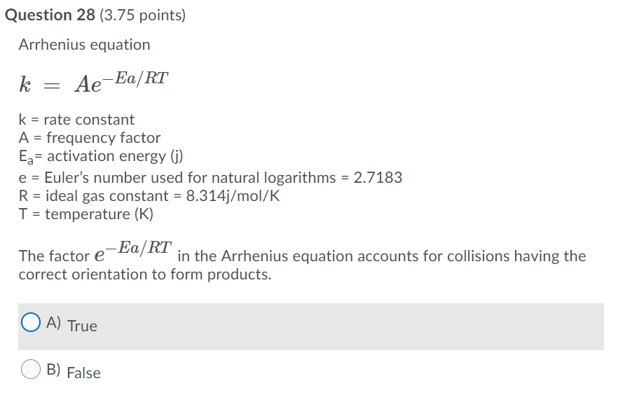 Solved Question 28 (3.75 points) Arrhenius equation k = | Chegg.com