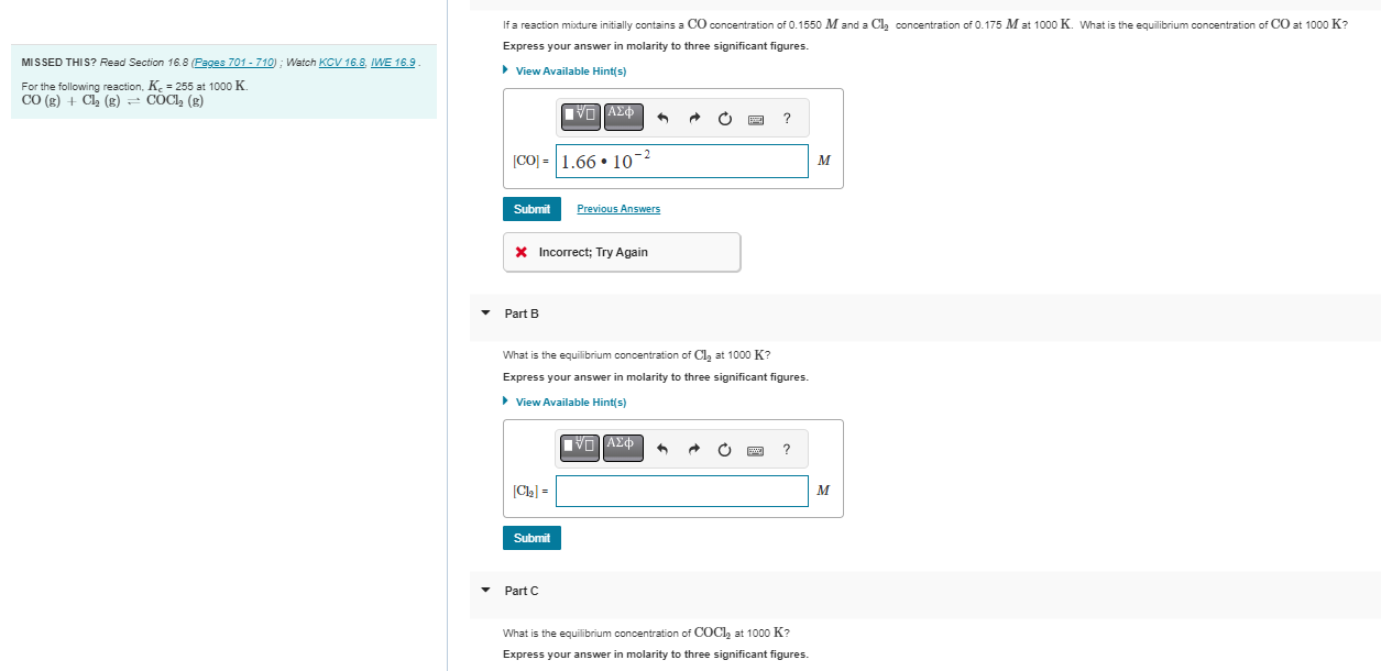 Solved If a reaction mixture initially contains a CO | Chegg.com