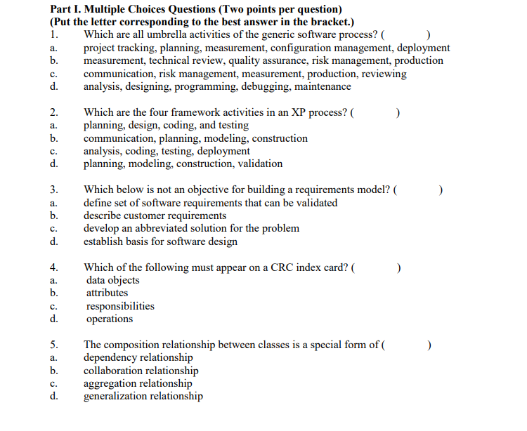 Solved Part I. Multiple Choices Questions (Two points per | Chegg.com