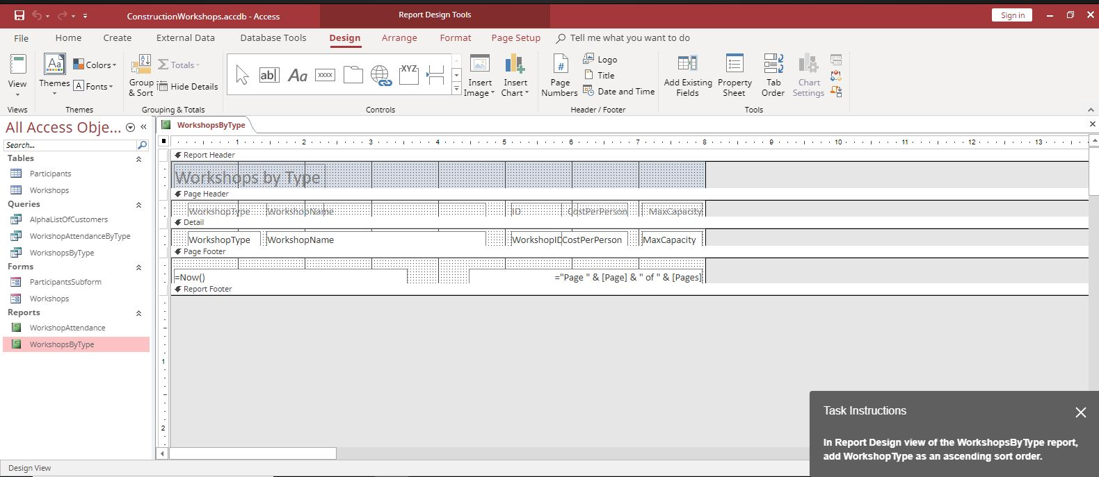Construction Workshops.accdb - Access Report Design | Chegg.com