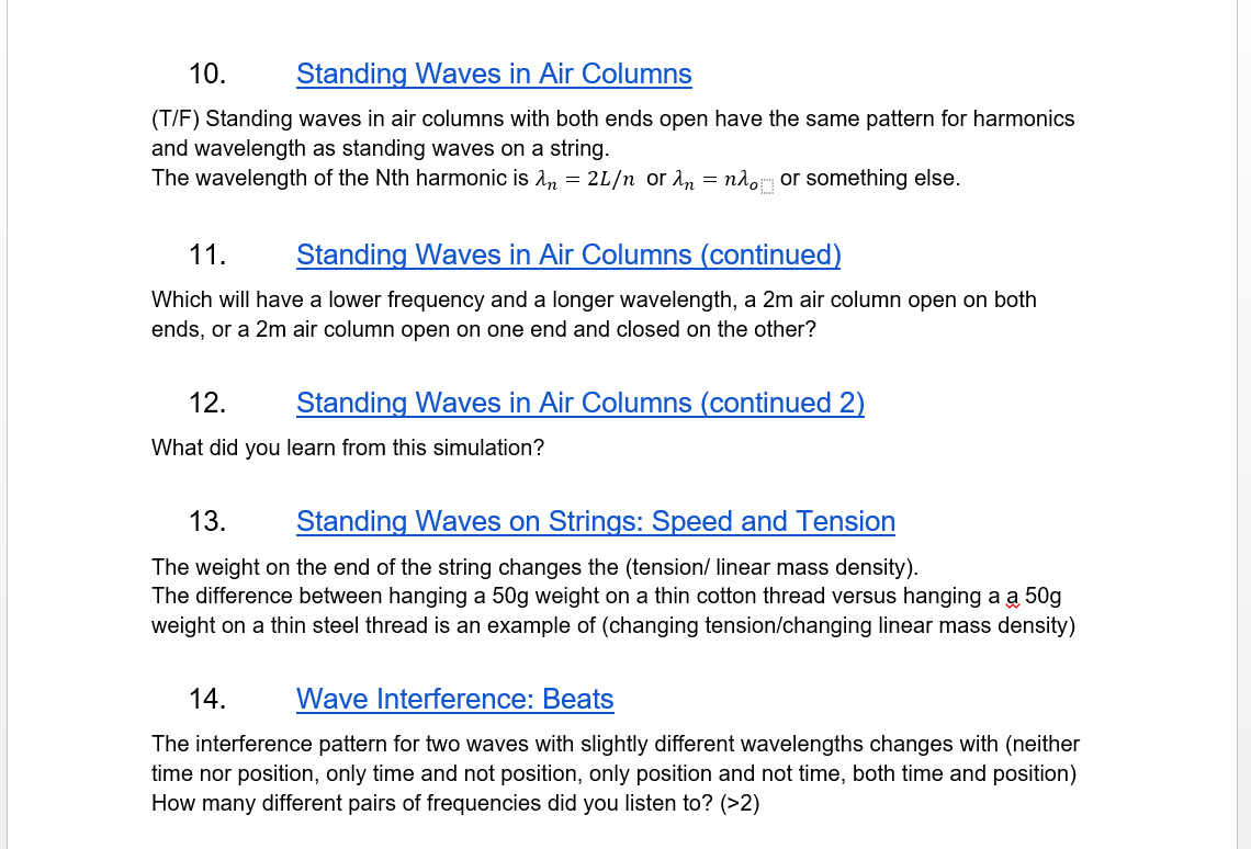 Solved 10. Standing Waves in Air Columns (T/F) Standing | Chegg.com