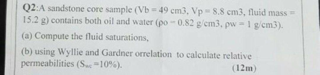 Solved Q2:A sandstone core sample (Vb = 49 cm3, Vp = 8.8 | Chegg.com