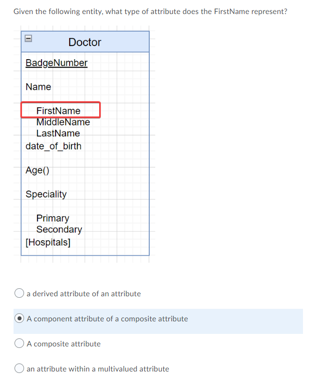 Solved Given the following entity, what type of attribute | Chegg.com