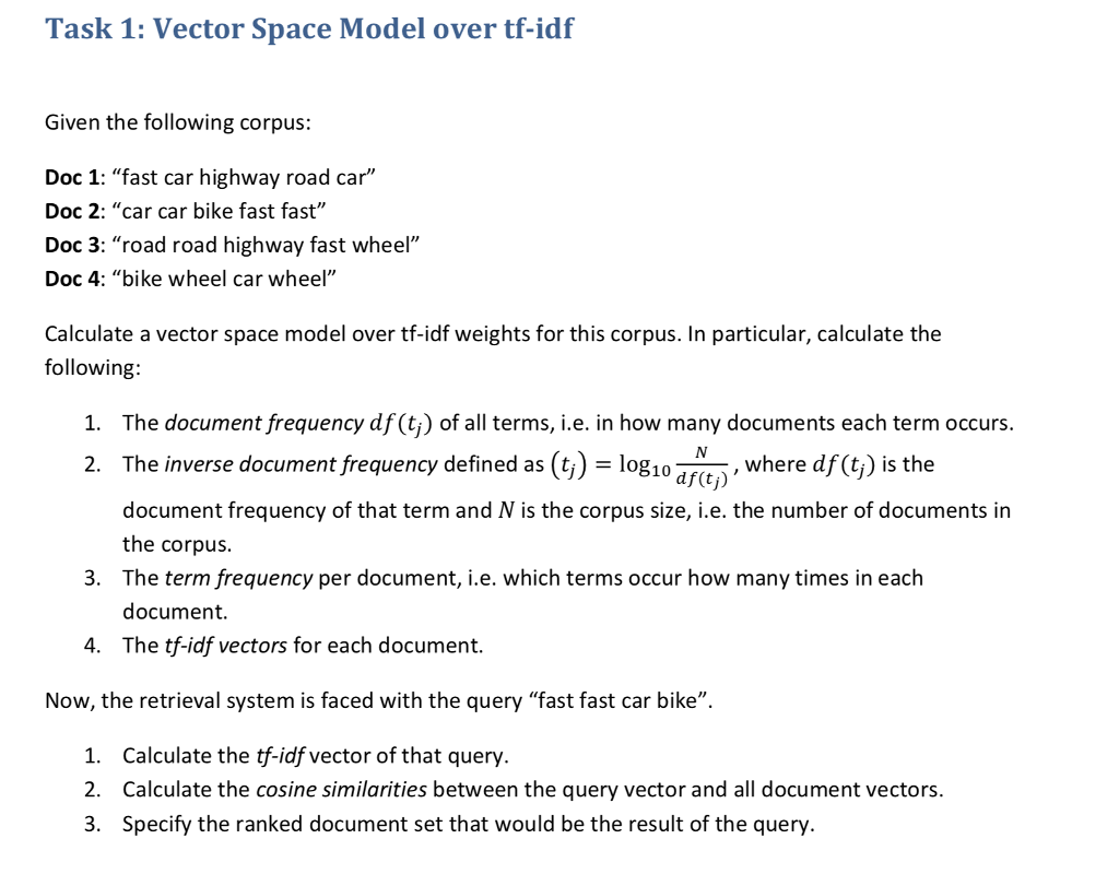 Solved Task 1: Vector Space Model over tf-idf Given the | Chegg.com