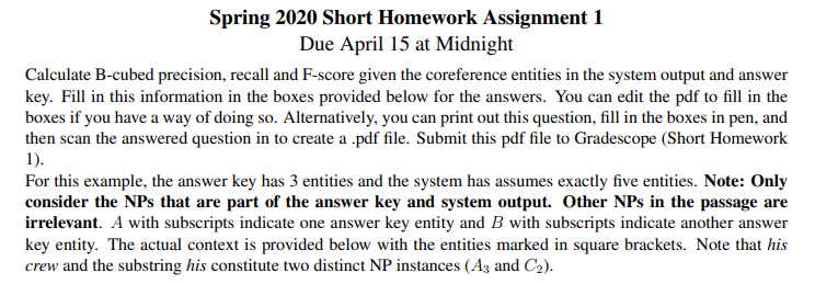 Spring 2020 Short Homework Assignment 1 Due April 15 | Chegg.com