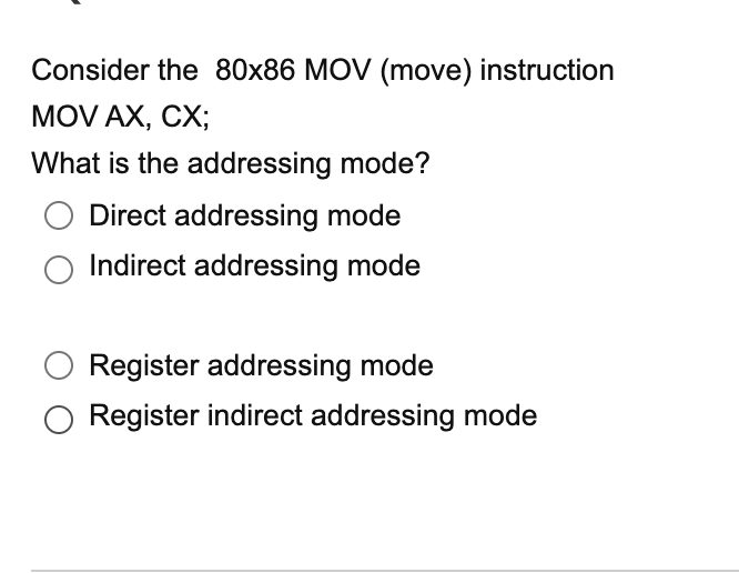 Solved Consider the 80x86 MOV (move) instruction MOV AX, CX; | Chegg.com