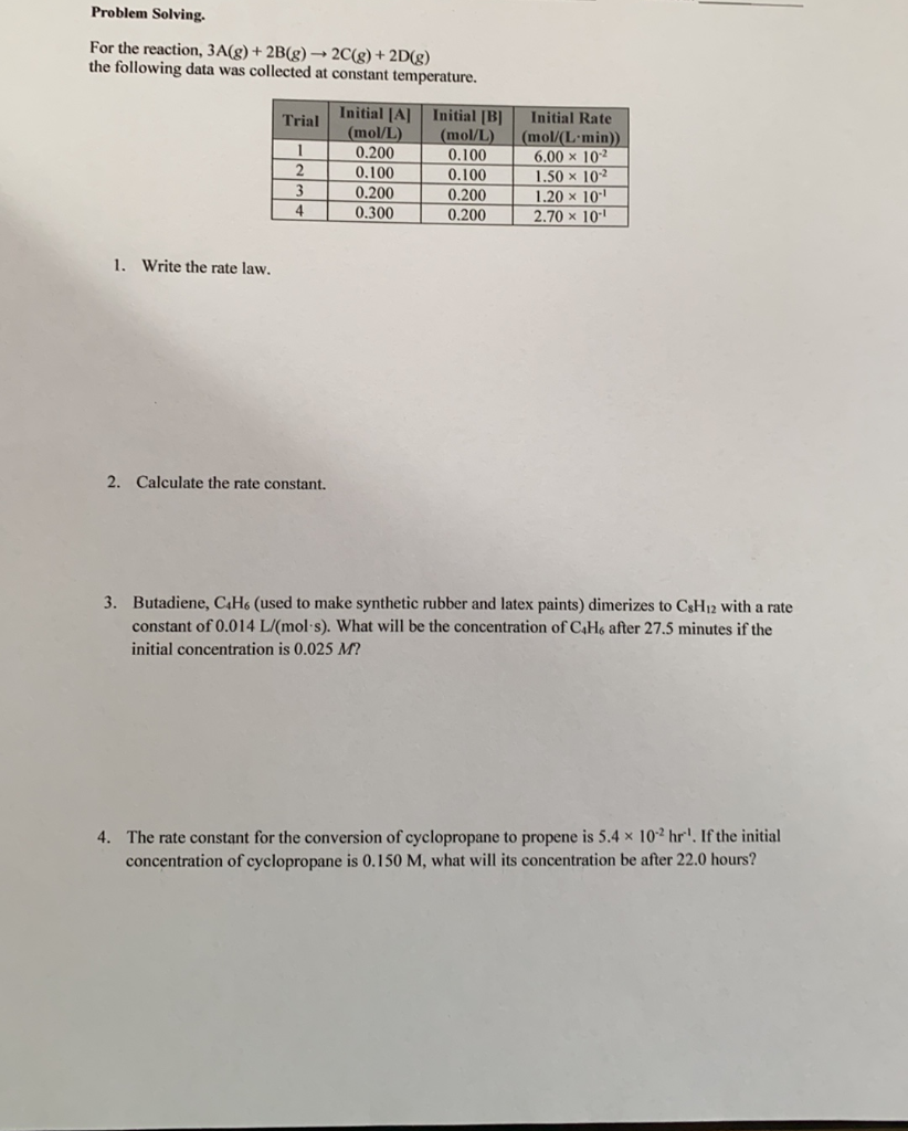 Solved Problem Solving. For the reaction, 3A(g) + 2B(g) → | Chegg.com