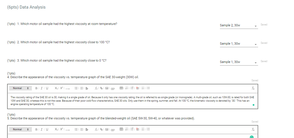 Solved (6pts) Data Analysis (1pts) 1. Which motor oil sample | Chegg.com