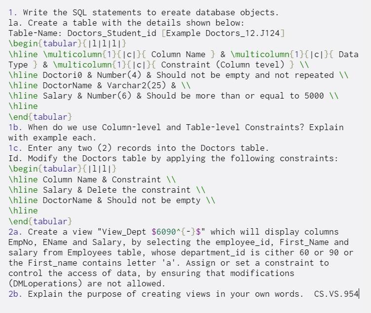 Solved 1. Write the SQL statements to ereate database | Chegg.com