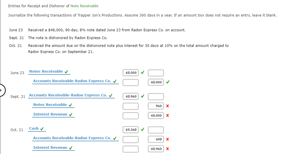 Solved Entries for Receipt and Dishonor of Note Receivable | Chegg.com