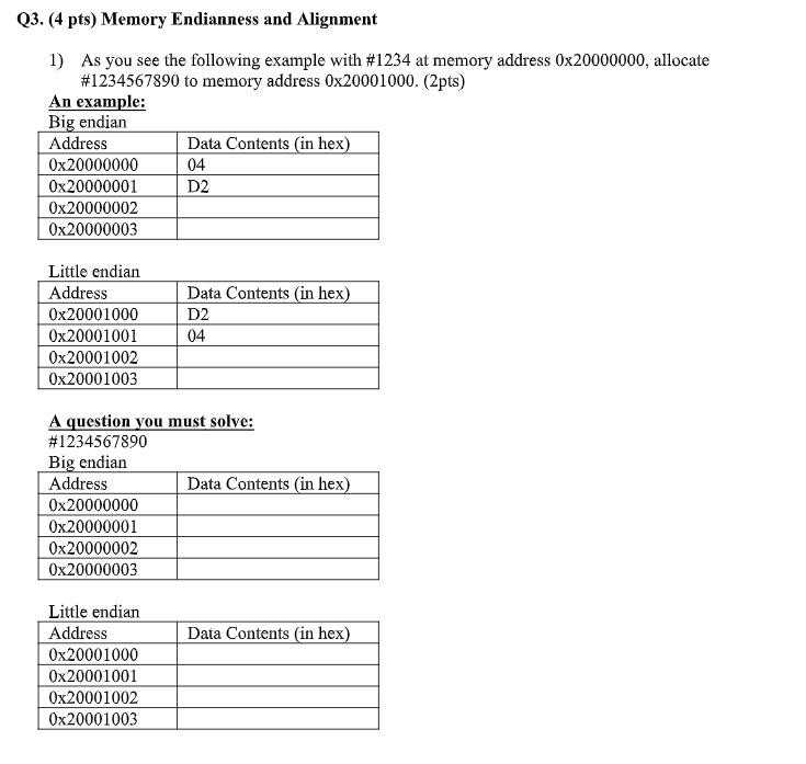 Solved Q3. (4 pts) Memory Endianness and Alignment 1) As you | Chegg.com