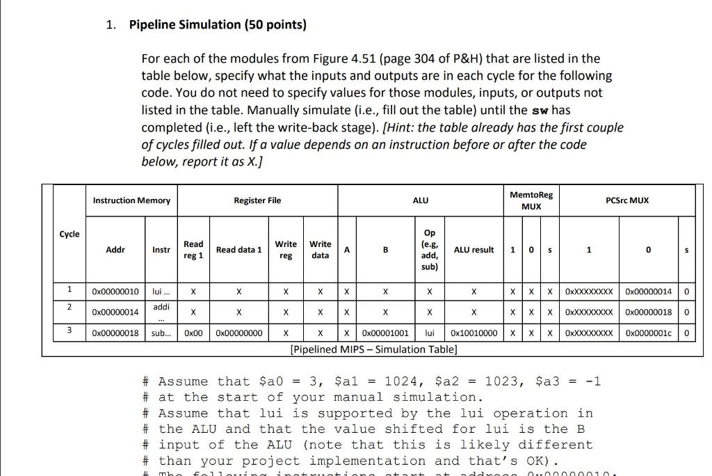 1. Pipeline Simulation (50 points) For each of the | Chegg.com