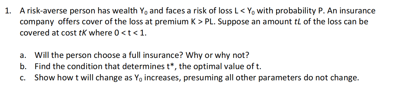Solved A risk-averse person has wealth Y0 ﻿and faces a risk | Chegg.com