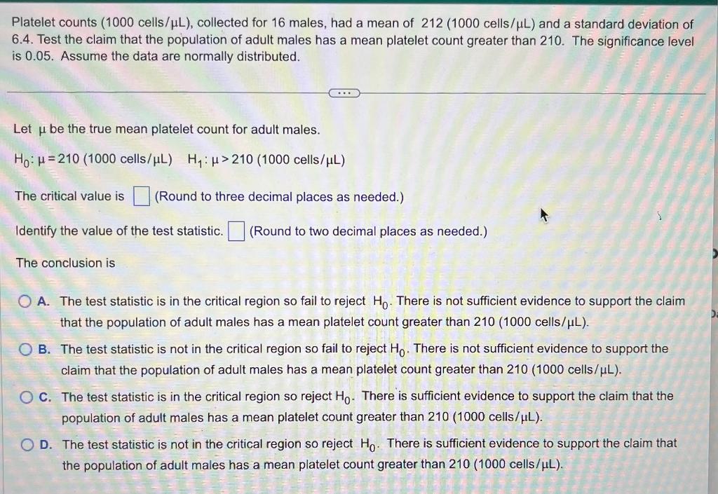 Solved Platelet counts (1000 cells /μL), collected for 16 | Chegg.com