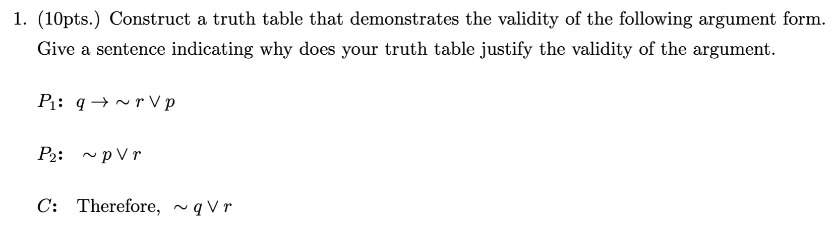 Solved 1. (10pts.) Construct a truth table that demonstrates | Chegg.com