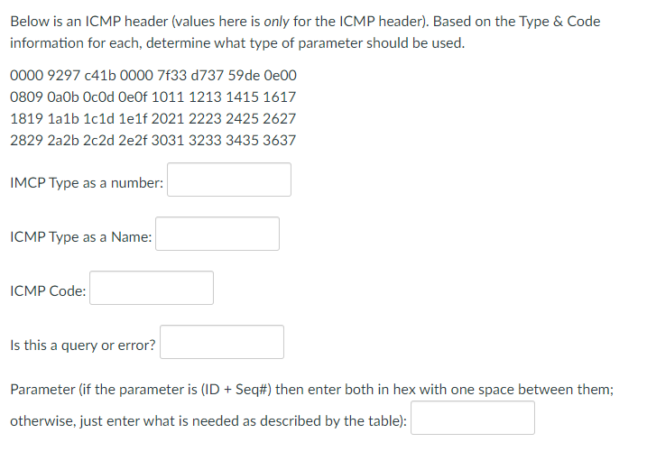 Below is an ICMP header (values here is only for the | Chegg.com