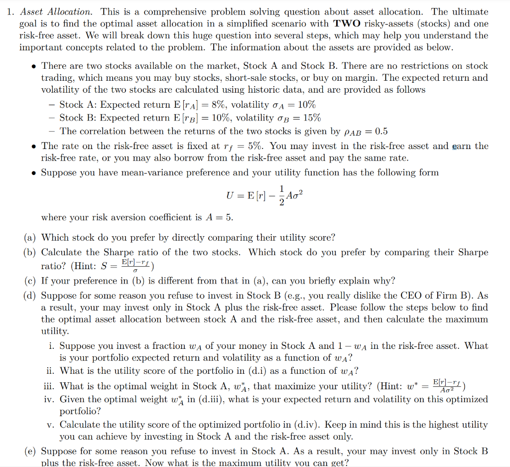 1. Asset Allocation. This is a comprehensive problem | Chegg.com