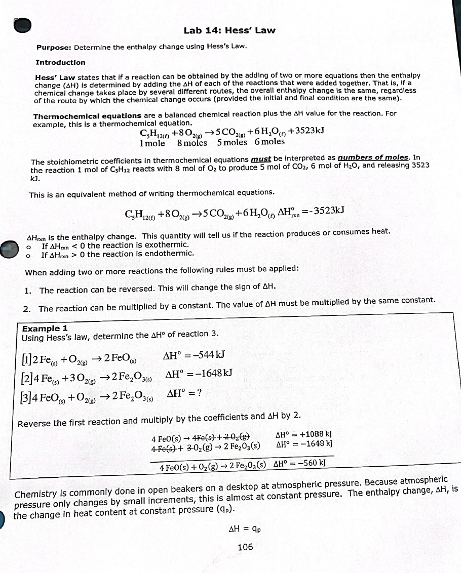 Solved Lab 14: Hess' Law Purpose: Determine the enthalpy | Chegg.com