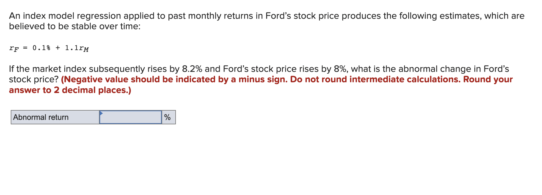 Solved An index model regression applied to past monthly | Chegg.com