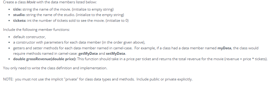 Solved Create a class Movie with the data members listed | Chegg.com