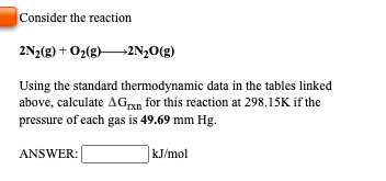 Solved Consider the reaction 2N2(g) + O2(g)2N2O(g) Using the | Chegg.com