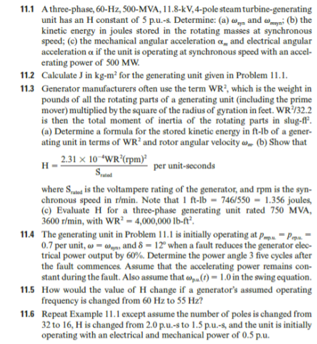 Solved 11.1 A three-phase, 60-Hz, 500-MVA, 11.8-kV, 4-pole | Chegg.com