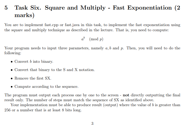 Solved 5 Task Six. Square and Multiply - Fast Exponentiation | Chegg.com
