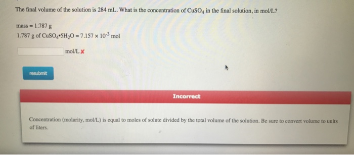 Solved The final volume of the solution is 284 mL. What is | Chegg.com