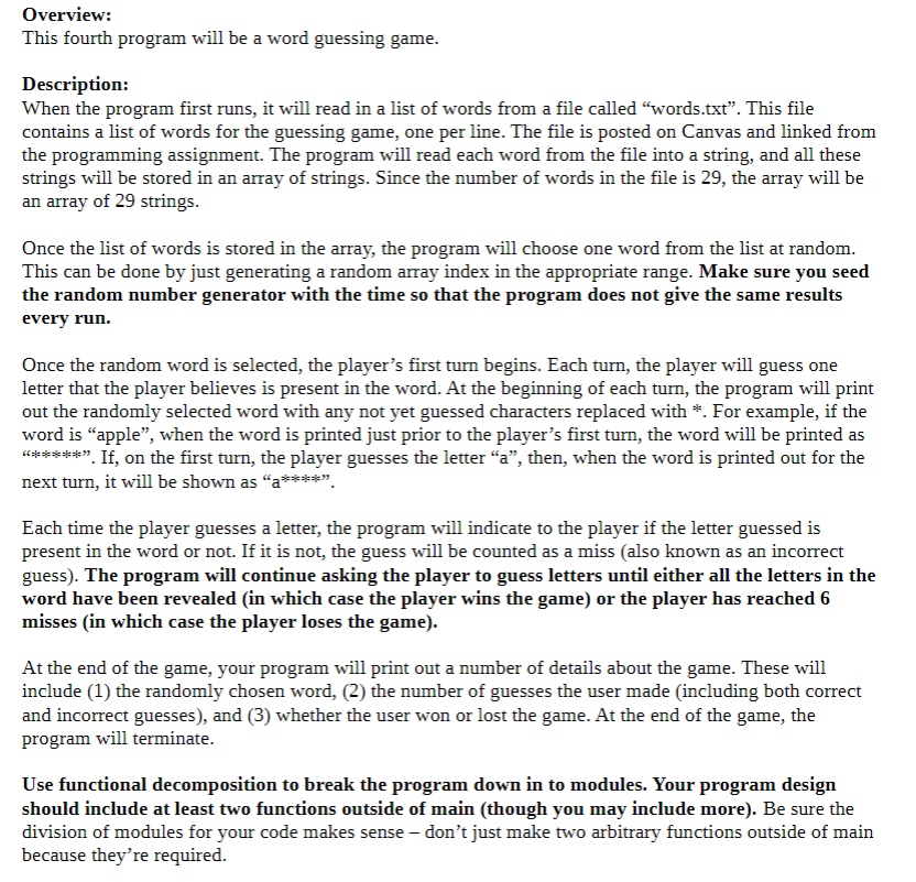 Solved Overview: This fourth program will be a word guessing | Chegg.com