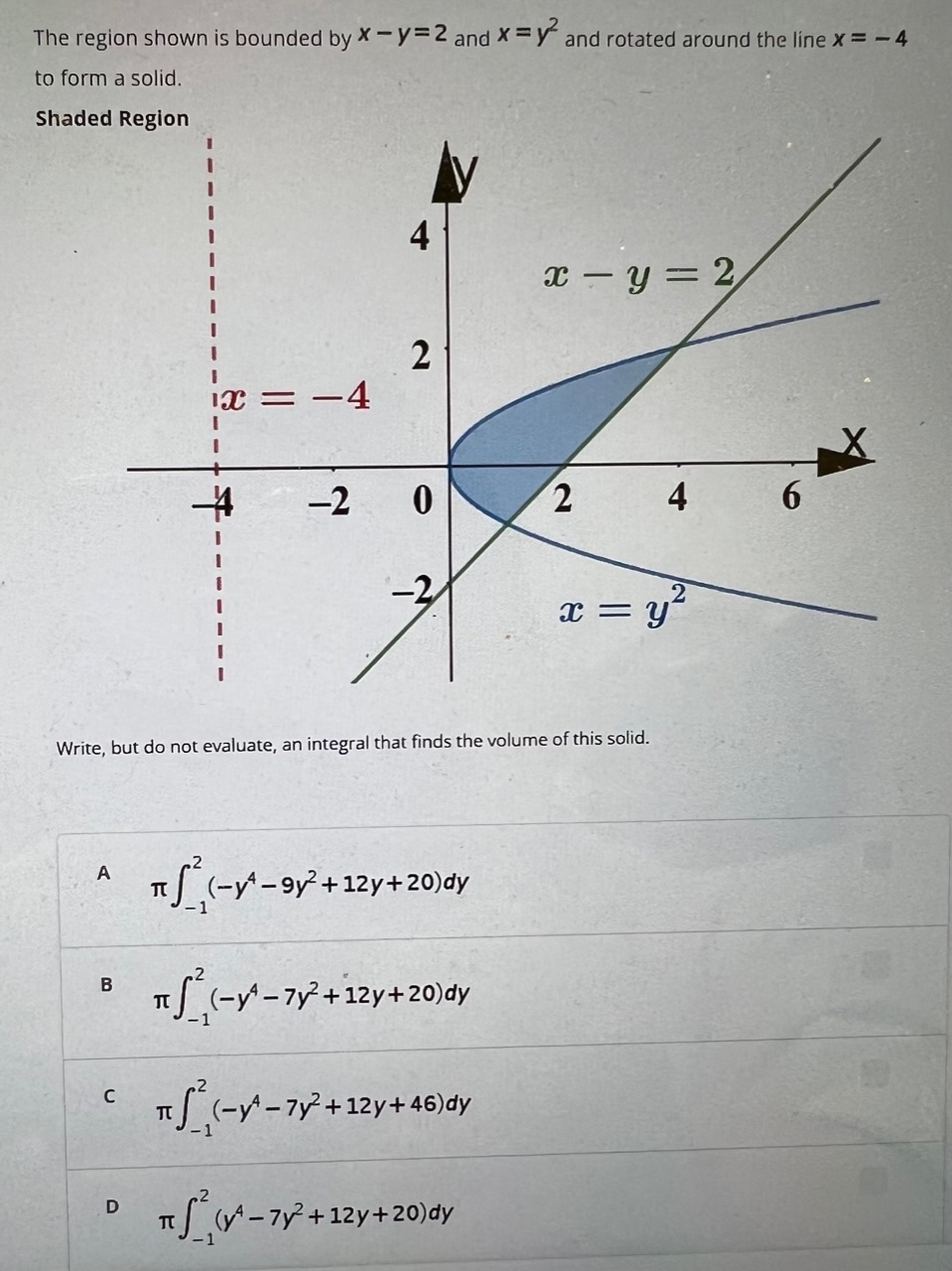 Solved The region shown is bounded by x−y=2 and x=y2 and | Chegg.com