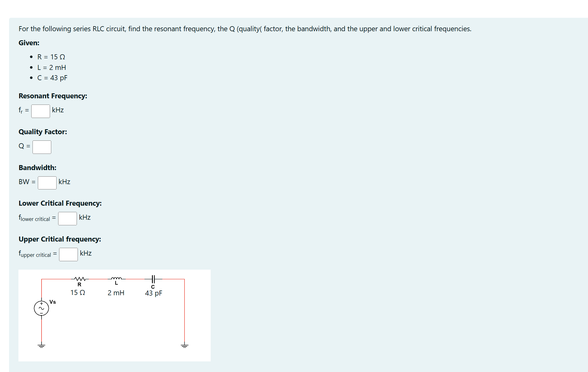 Solved For the following series RLC circuit, find the | Chegg.com