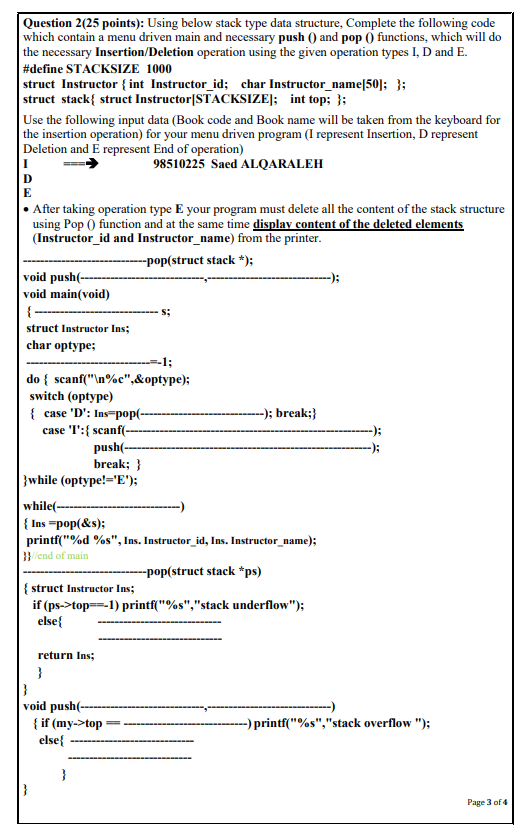 Solved Question 2(25 points): Using below stack type data | Chegg.com