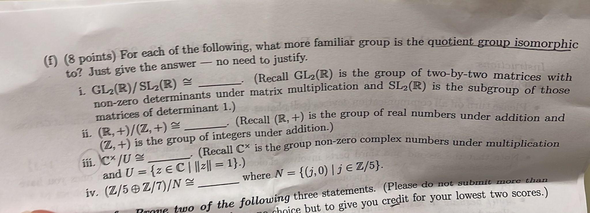 Solved to? Just give the answer i. GL2(R)/SL2(R) M (1) (8 | Chegg.com
