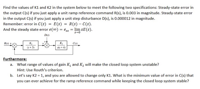 Solved Find the values of K1 and K2 in the system below to | Chegg.com