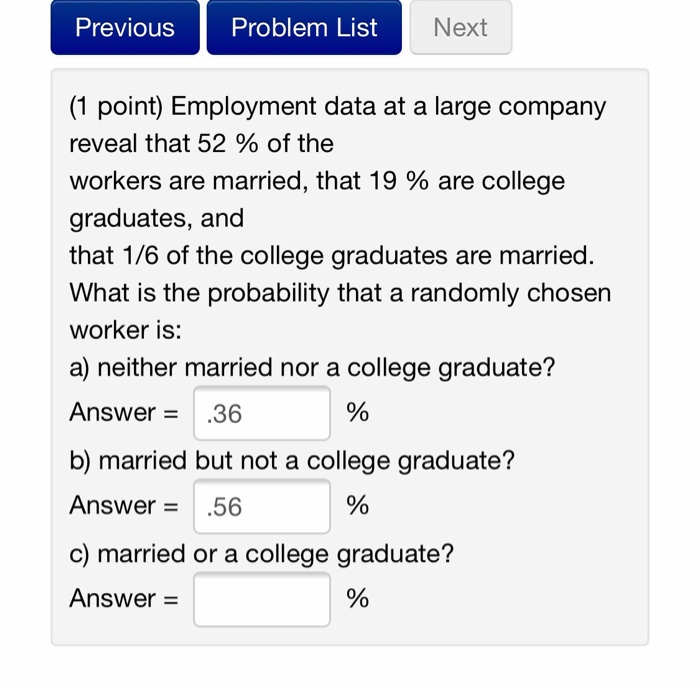 Solved Previous Problem List Next (1 point) Employment data | Chegg.com