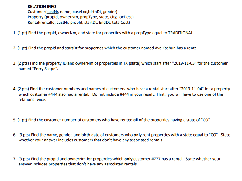 Solved RELATION INFO Customer (custNr name, baseLoc, | Chegg.com