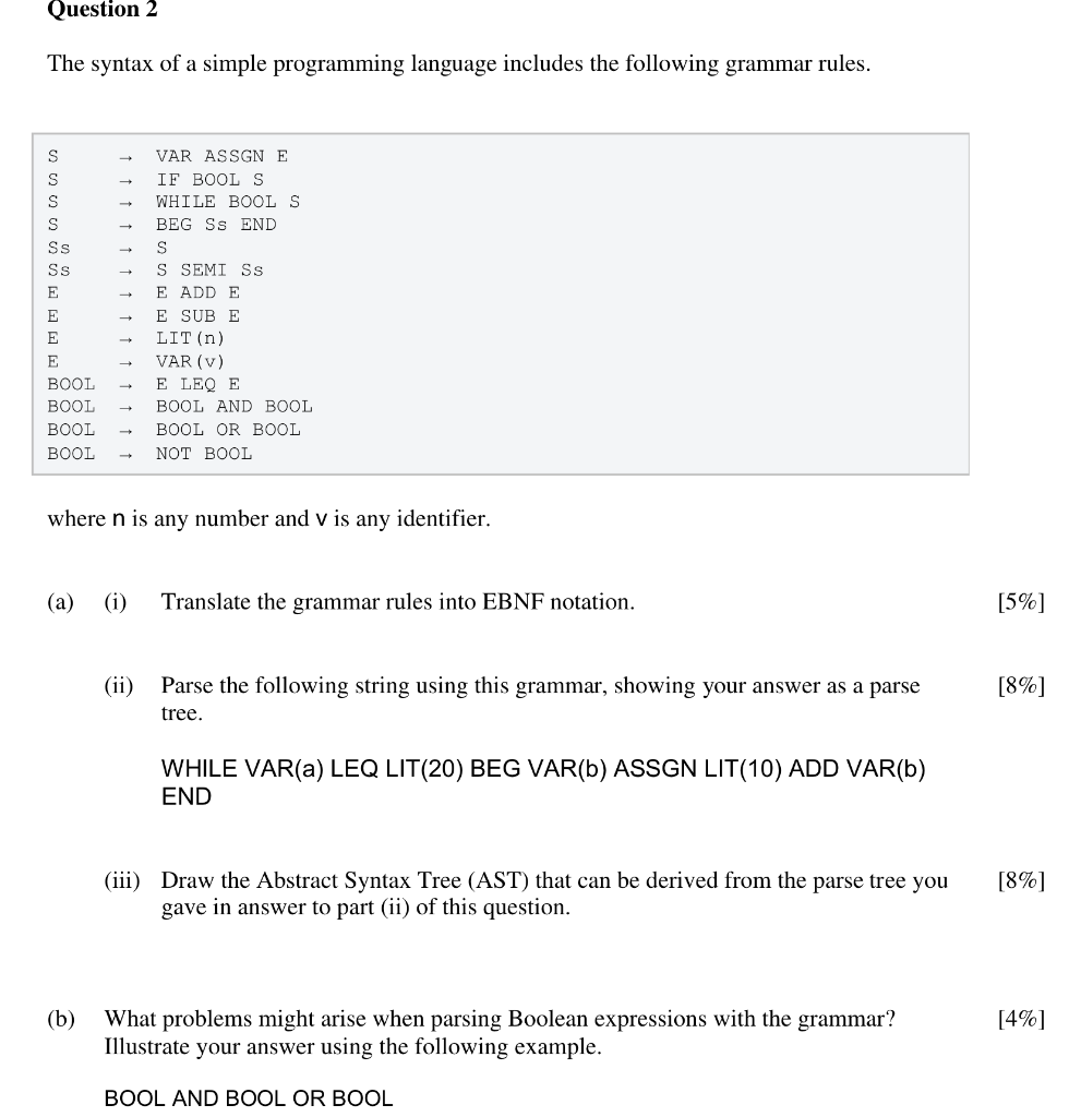 Solved The Syntax Of A Simple Programming Language Includes