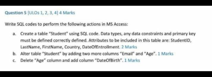 Solved Question 5 (ULOS 1, 2, 3, 4] 4 Marks Write SQL codes | Chegg.com