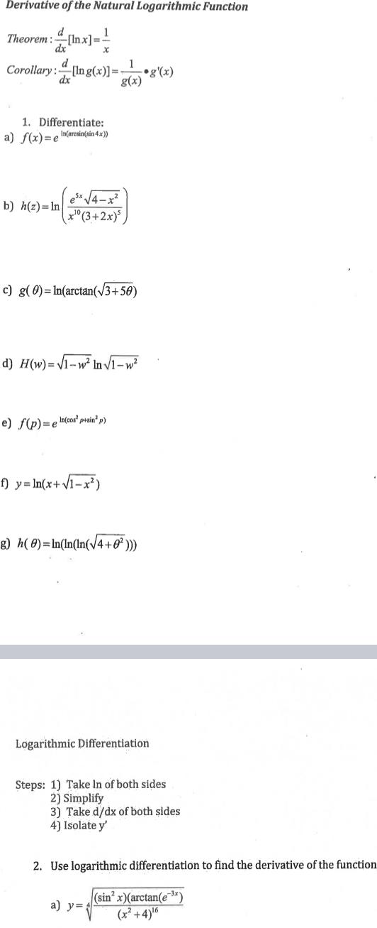 Solved Derivative of the Natural Logarithmic Function 1 d | Chegg.com